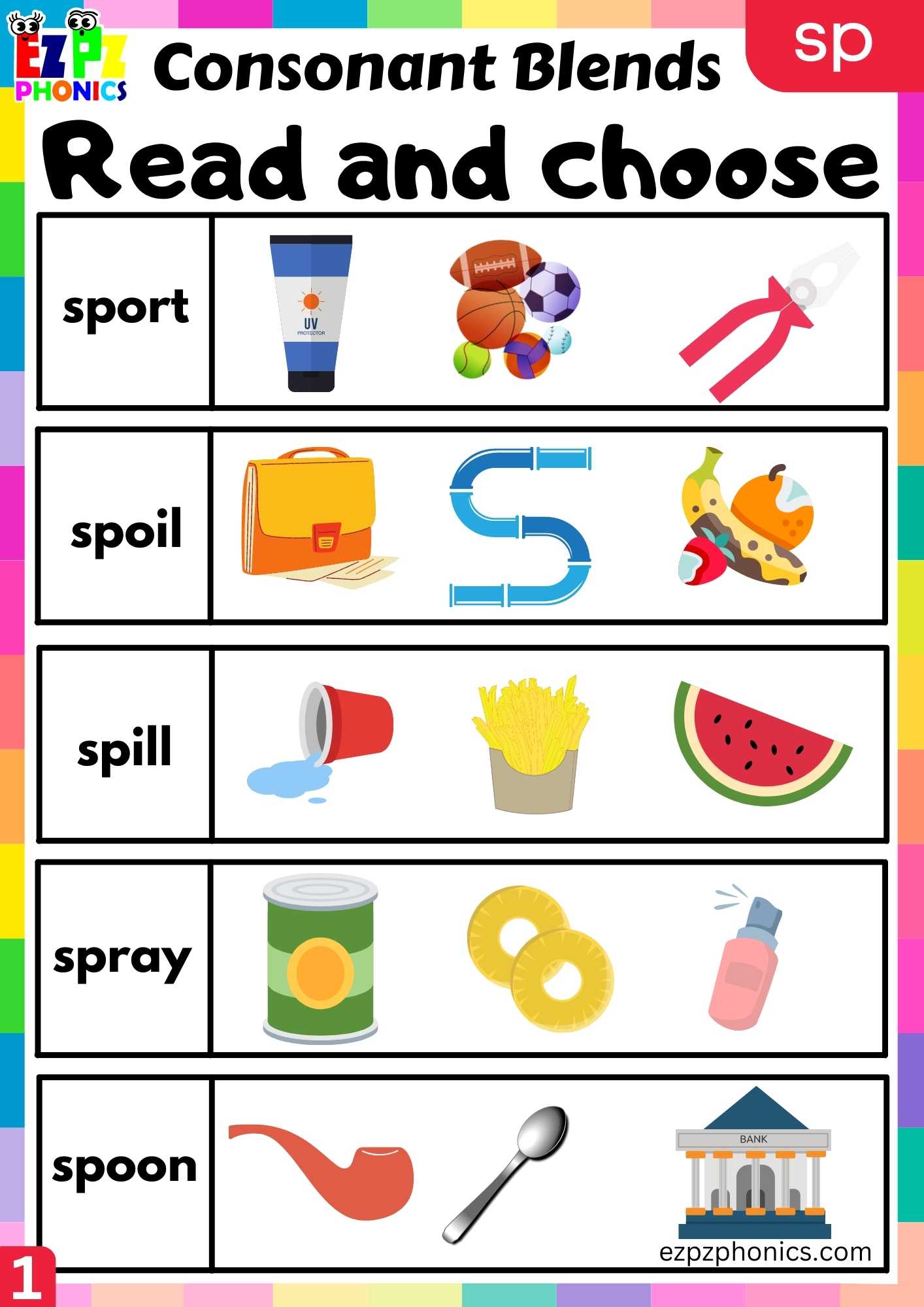 Group1 SP Words Read And Choose Phonics Consonant Blends Worksheet - ezpzphonics.com